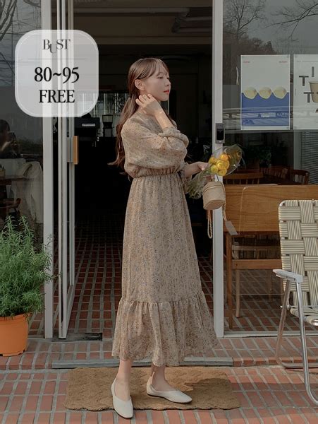 고고싱 플라워 쉬폰 롱 원피스허리밴딩브이넥