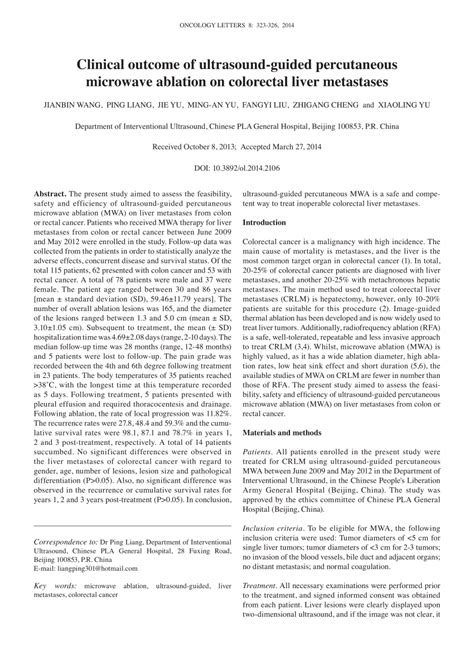 Pdf Clinical Outcome Of Ultrasound Guided Percutaneous Microwave Ablation On Colorectal Liver