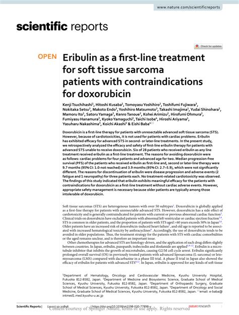 Pdf Eribulin As A First Line Treatment For Soft Tissue Sarcoma Patients With Contraindications