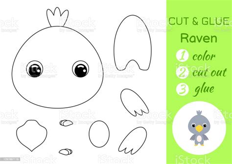 색칠 공부 는 아기 까마귀를 잘라 접착제 유치원 어린이를위한 교육 종이 게임 워크시트를 잘라내고 붙여넣습니다 종이에 색상 절단 부품 및 접착제 벡터 그림입니다 0명에 대한