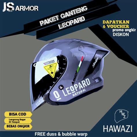 Jual JS ARMOR GREY GLOSSY PAKET GANTENG LEOPARD HELM HALF FACE SNI