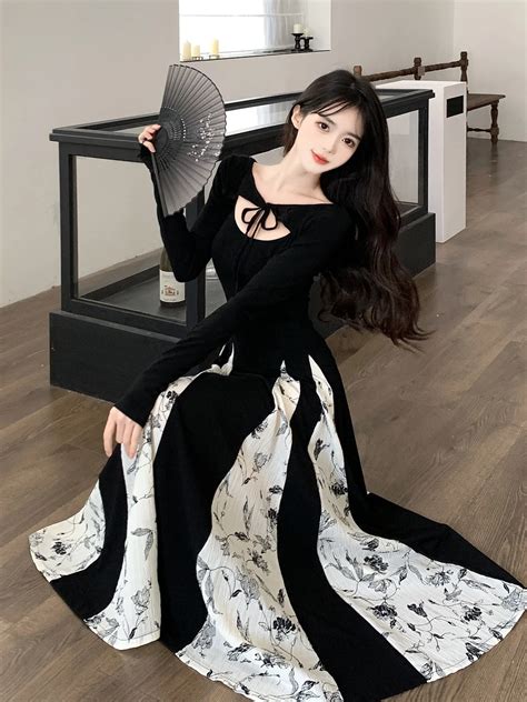 Woherb Knitted Patchwork Floral Dress Irregular Design Sense Hepburn