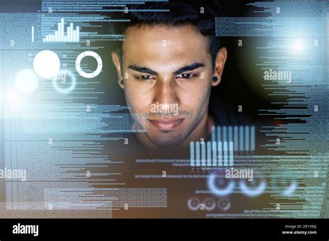 Data Analytics Screen Hologram And Man In Stock Market Research Graphs Or Charts Analysis For