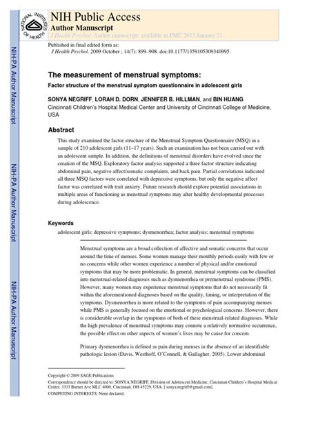 The Measurement Of Menstrual Symptoms Factor Structure Of The Menstrual Symptom Questionnaire