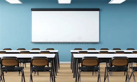 Modern Classroom Setup With Empty Desks Facing A Blank Whiteboard Against A Blue Wall Stock