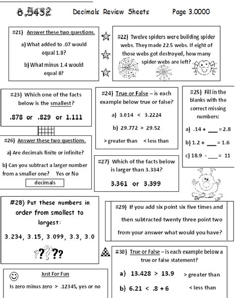 Decimals Review Sheets Plus Decimals True Or False Both Sets