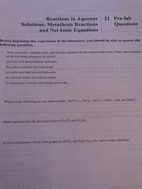 Solved Reactions In Aqueous 21 Pre Lab Questions Solutions