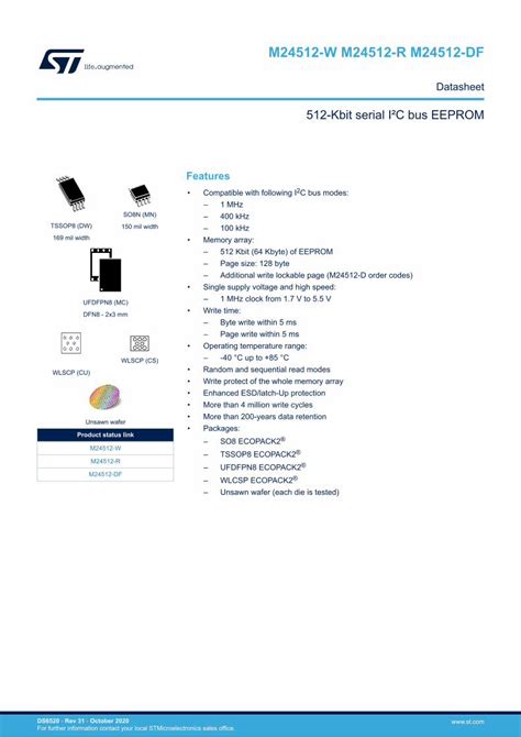 Pdf 512 Kbit Serial I²c Bus Eeprom Tssop8 Ecopack2 Dokumentips