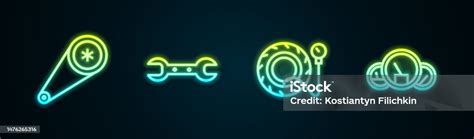 세트 라인 타이밍 벨트 키트 렌치 스패너 타이어 압력 게이지 및 속도계 빛나는 네온 아이콘입니다 벡터 불타는 듯한에 대한 스톡 벡터 아트 및 기타 이미지 Istock
