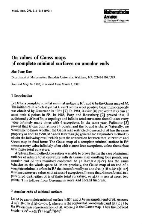 Pdf On Values Of Gauss Maps Of Complete Minimal Surfaces On Annular Ends Dokumentips