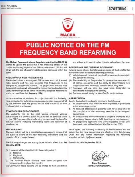 Single Fm Frequency Assignment To Malawian Radios Effective 1 Jan 2024