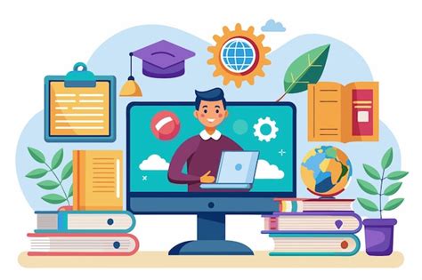 A Person Engages In Online Learning With A Laptop Amid Books And Educational Symbols In The