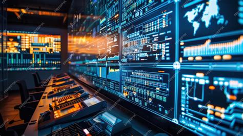 Hightech Control Room With Multiple Screens Displaying Complex Data Global Maps And Graphs