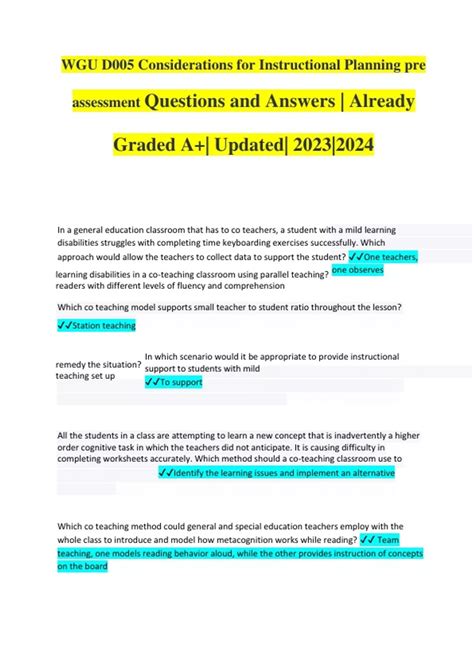Wgu D005 Considerations For Instructional Planning Pre Assessment Questions And Answers