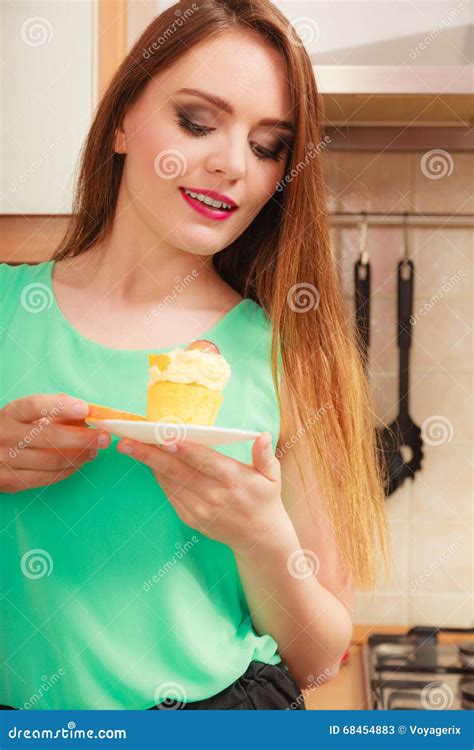 Woman Holding Delicious Sweet Cake Gluttony Stock Image Image Of