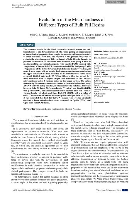 Pdf Evaluation Of The Microhardness Of Different Types Of Bulk Fill Resins
