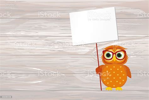 귀여운 컬러 Owlet 텍스트 또는 광고에 대 한 빈 포스터 Blenk를 들고 휴가 대 한 인사말 카드입니다 나무 배경 벡터