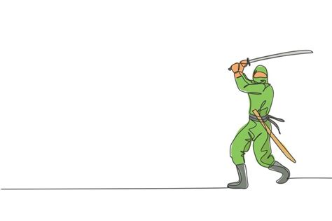 Una sola línea que dibuja a un joven y enérgico ninja japonés