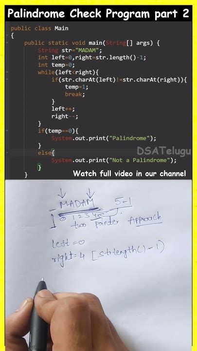 Palindrome Program In Java In Telugu Part 2 Dsa Palindrome Coding Java Shorts Youtube