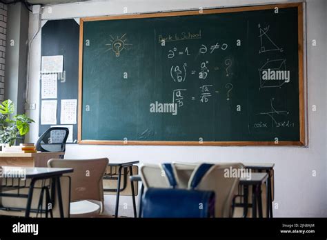 Empty Classroom With Chairs Elementary School Desks And Chalkboard