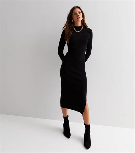 Gini London Black Ribbed Knit High Neck Long Sleeve Midi Bodycon Dress