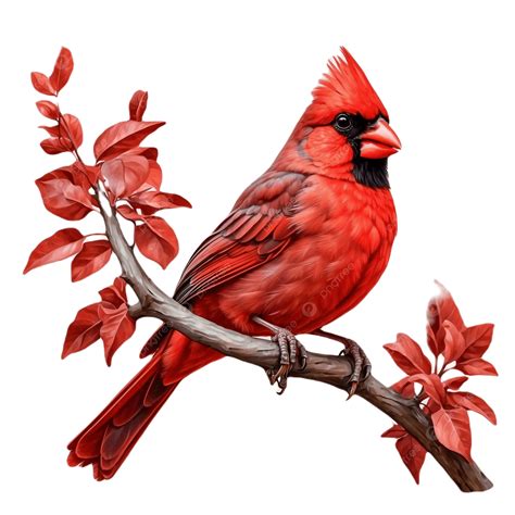 A Red Cardinal On Branch With Leaves A Red Cardinal On A Branch With