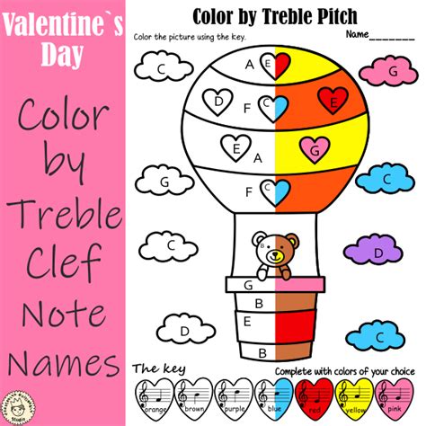 Valentines Day Music Color By Treble Clef Note Names Worksheets