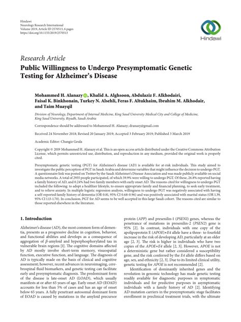 Pdf Public Willingness To Undergo Presymptomatic Genetic Testing For
