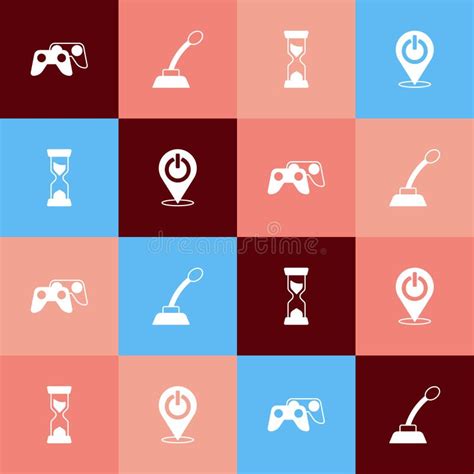 Set Pop Art Game Controller Or Joystick Microphone Old Hourglass And Power Button Icon Vector