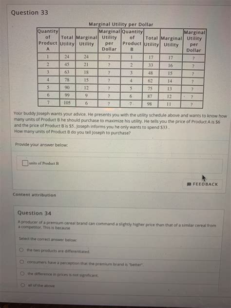 Solved Question 33 Marginal Utility Per Dollar Marginal Chegg
