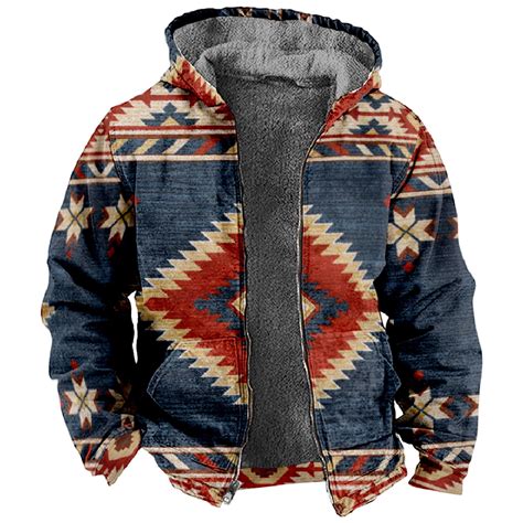 Jggspwm Mens Aztec Ethnic Western Hoodie Winter Thicken Fleece Sherpa