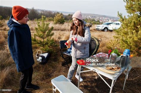 소나무 숲의 갑판에서 가족이 바베큐를 합니다 그릴과 바베큐 데이 12 13세에 대한 스톡 사진 및 기타 이미지 12 13세