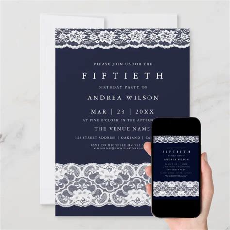 White Lace Elegant Navy Blue 50th Birthday Invite Zazzle