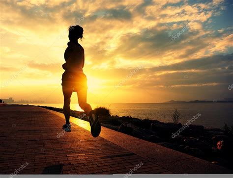 Runner Athlete Running At Seaside Woman Fitness Silhouette Sunrise Jogging Workout Wellness