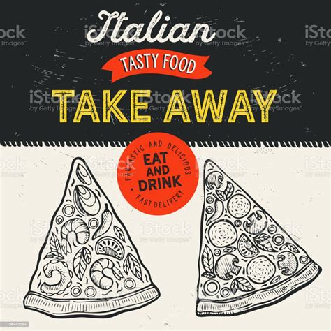 빈티지 배경에 레스토랑 피자 일러스트 음식 카페와 이탈리아 요리 트럭 벡터 손으로 그린 포스터입니다 그래픽 야채 와 낙서 디자인 슬라이스에 대한 스톡 벡터 아트 및 기타