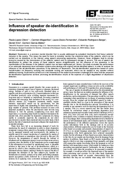 Pdf Influence Of Speaker De‐identification In Depression Detection