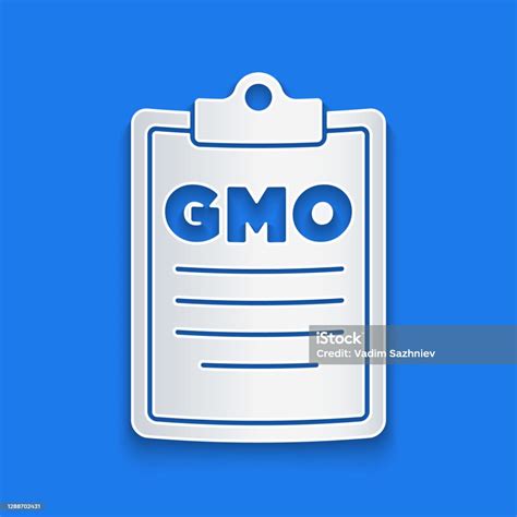 파란색 배경에서 격리된 Gmo 아이콘을 용지 로 잘라냅니다 유전자 변형 된 유기체 약어 Dna 음식 수정 종이 아트 스타일 벡터