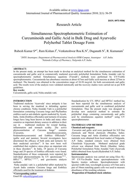 Pdf Simultaneous Spectrophotometric Estimation Of Curcuminoids And Gallic Acid In Bulk Drug