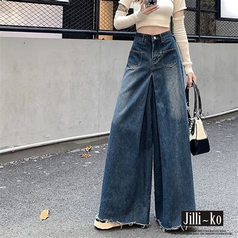 Jilli Ko 毛邊設計高腰顯瘦大擺直筒闊腿牛仔褲 藍色 牛仔褲 Yahoo奇摩購物中心