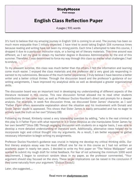 Example Of Reflection Paper On A Class Free Essay Example