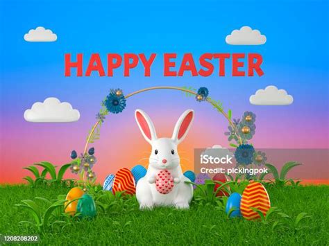 잔디 필드에 부활절 달걀을 들고 3d 렌더링 이미지 부활절 토끼 토끼 4월에 대한 스톡 사진 및 기타 이미지 4월 계절 귀여운 Istock