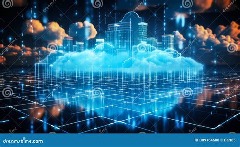 Digital Illustration Of Cloud Computing Network With Glowing Blue Clouds And Data Streams On A