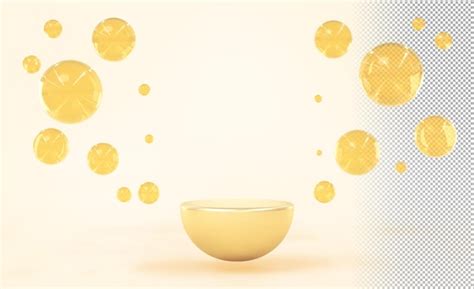 거품 오일 세럼 또는 에센스가 베이지색 배경 3d 렌더링에 있는 골든 연단 디스플레이 화장품 3d 그림을 위한 액체 질감 빈 플랫폼이 있는 Mockup 추상 형상 단계