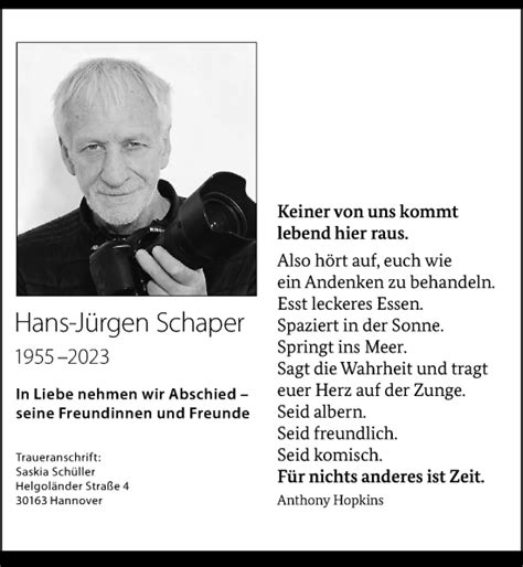 Traueranzeigen von Hans Jürgen Schaper trauer anzeigen de