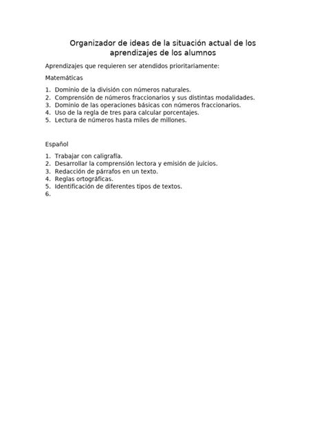 Organizador De Ideas De La Situación Actual De Los Aprendizajes De Los