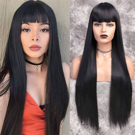 Long Straight Hair With Bangs Real Human Hair Wig Natural Black Hair