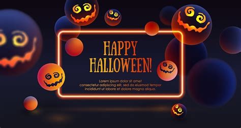 어두운 공 흐릿하고 빛나는 빛나는 오렌지 공 으스스한 미소와 네온 프레임으로 부드러운 촉감의 빛나는 오렌지 공이 있는 해피 할로윈 배너 어두운 배경입니다 벡터 그림입니다
