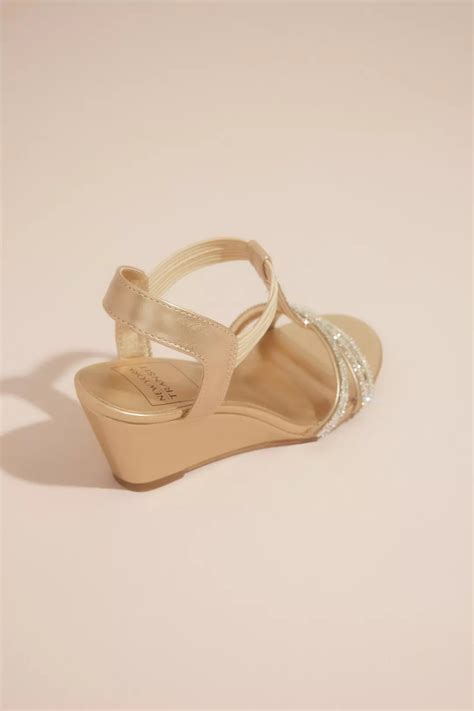 Metallic Crystal Embellished T Strap Wedges Davids Bridal