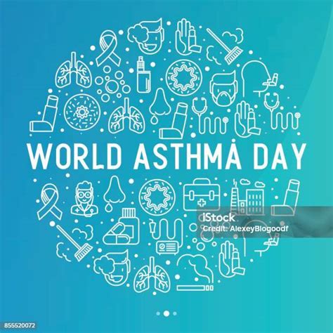 世界哮喘日圈細線圖示的概念 空氣污染 吸煙 呼吸機 治療師 吸入 支氣管 過敏症狀等過敏原橫幅web 頁的向量圖向量圖形及更多圓形圖片