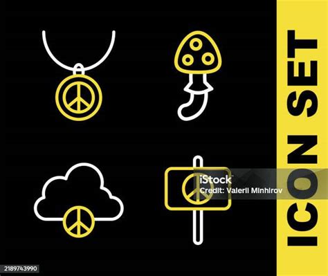 세트 라인 Psilocybin 버섯 평화 구름 및 평화 상징 아이콘과 목걸이 벡터 강렬하고 밝은 색상에 대한 스톡 벡터 아트 및 기타 이미지 강렬하고 밝은 색상 구름